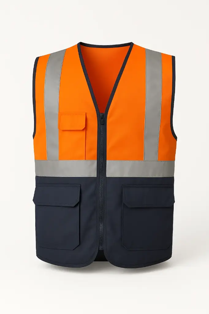Safety Vest c/w 3 front pockets (Colour: Orange/Dark Navy Blue ...